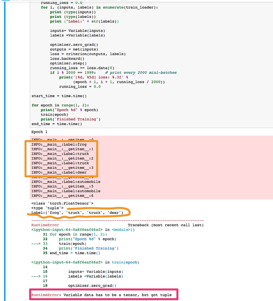 RuntimeError: Variable data has to be a tensor, but got tuple - PyTorch Forums