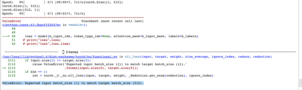 Training BERT for multi-classfication: ValueError: Expected input batch_size (1) to match target ...