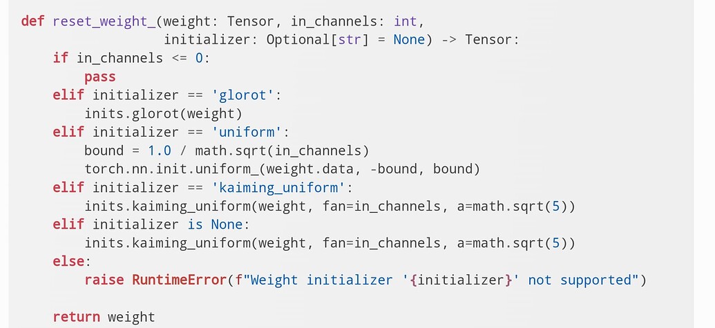 What is the default initial weights for pytorch-geometric SAGEconv layer and other convolution ...