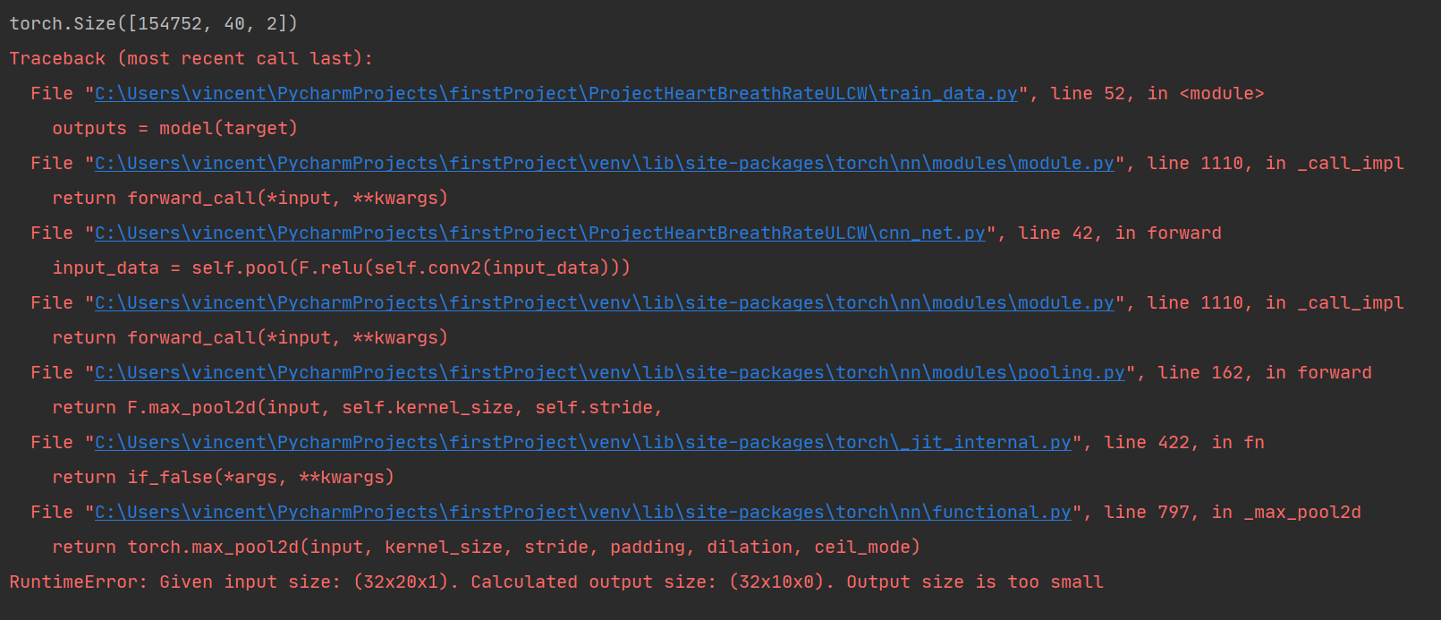 RuntimeError: Given input size: (32x20x1). Calculated output size ...