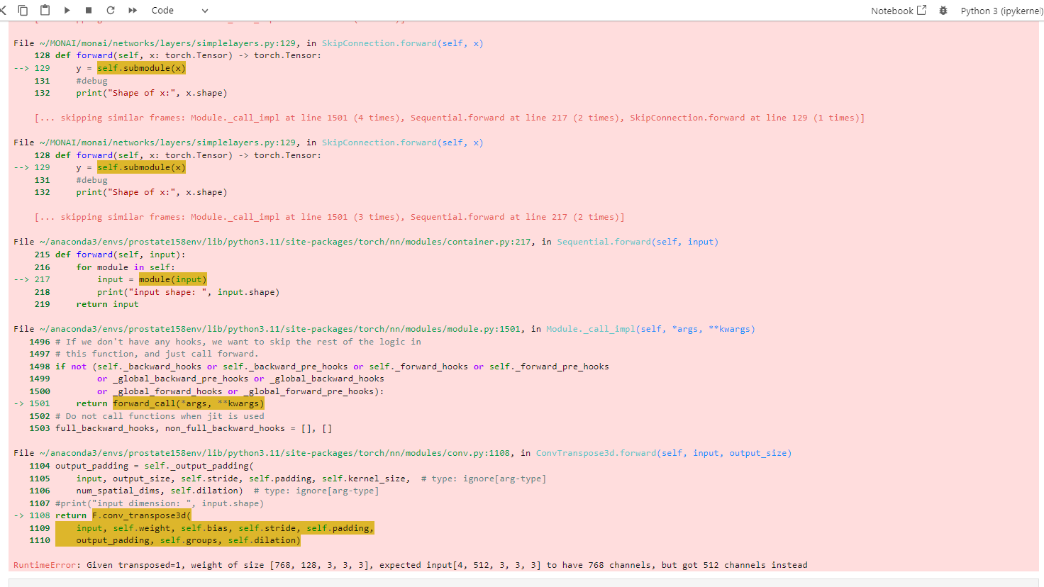 Given transposed=1, weight of size [768, 128, 3, 3, 3], expected input[4, 512, 3, 3, 3] to have ...